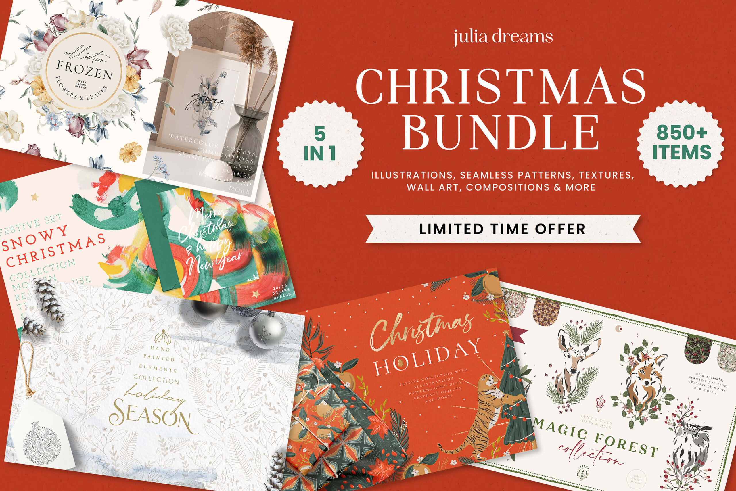 Julia Dreams Christmas Bundle - 850 Graphic Design Elements! - Epic Bundle